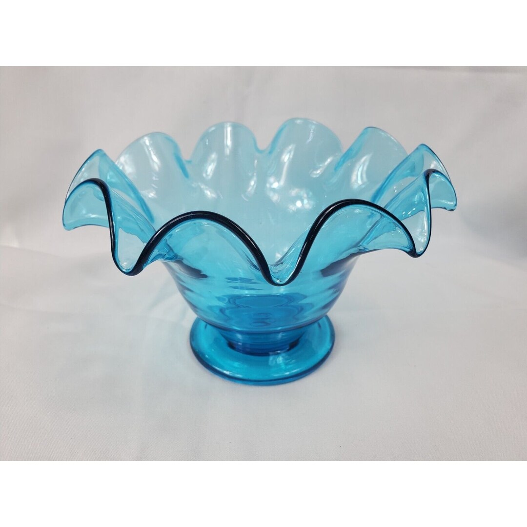 Vintage Bischoff Glass Ruffled 5 Blue Candy Bowl Dish Footed Mid ...