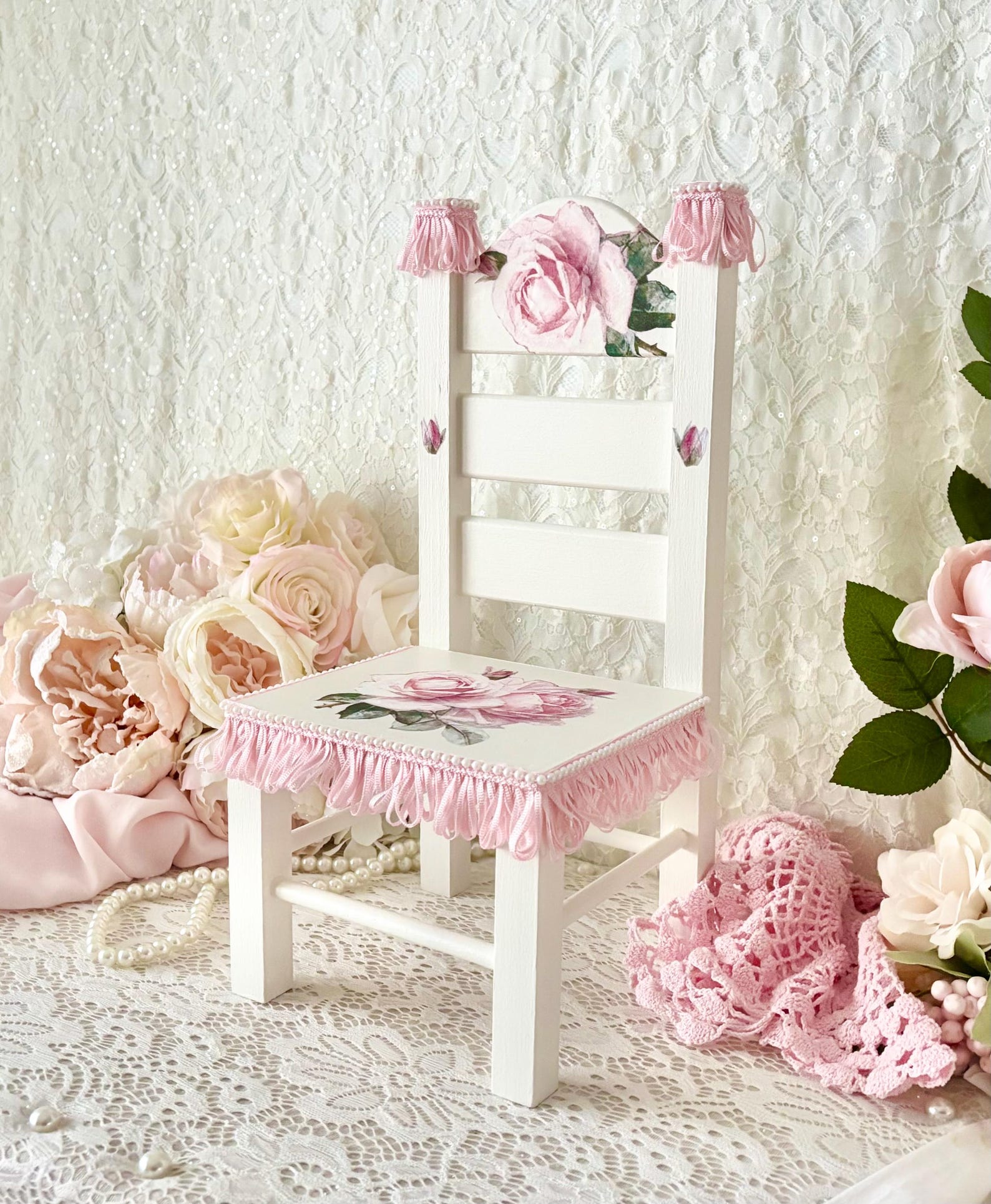 Shabby Chic Doll Chair: Vintage Decoupage Pink Roses Decor, Shabby Chic ...