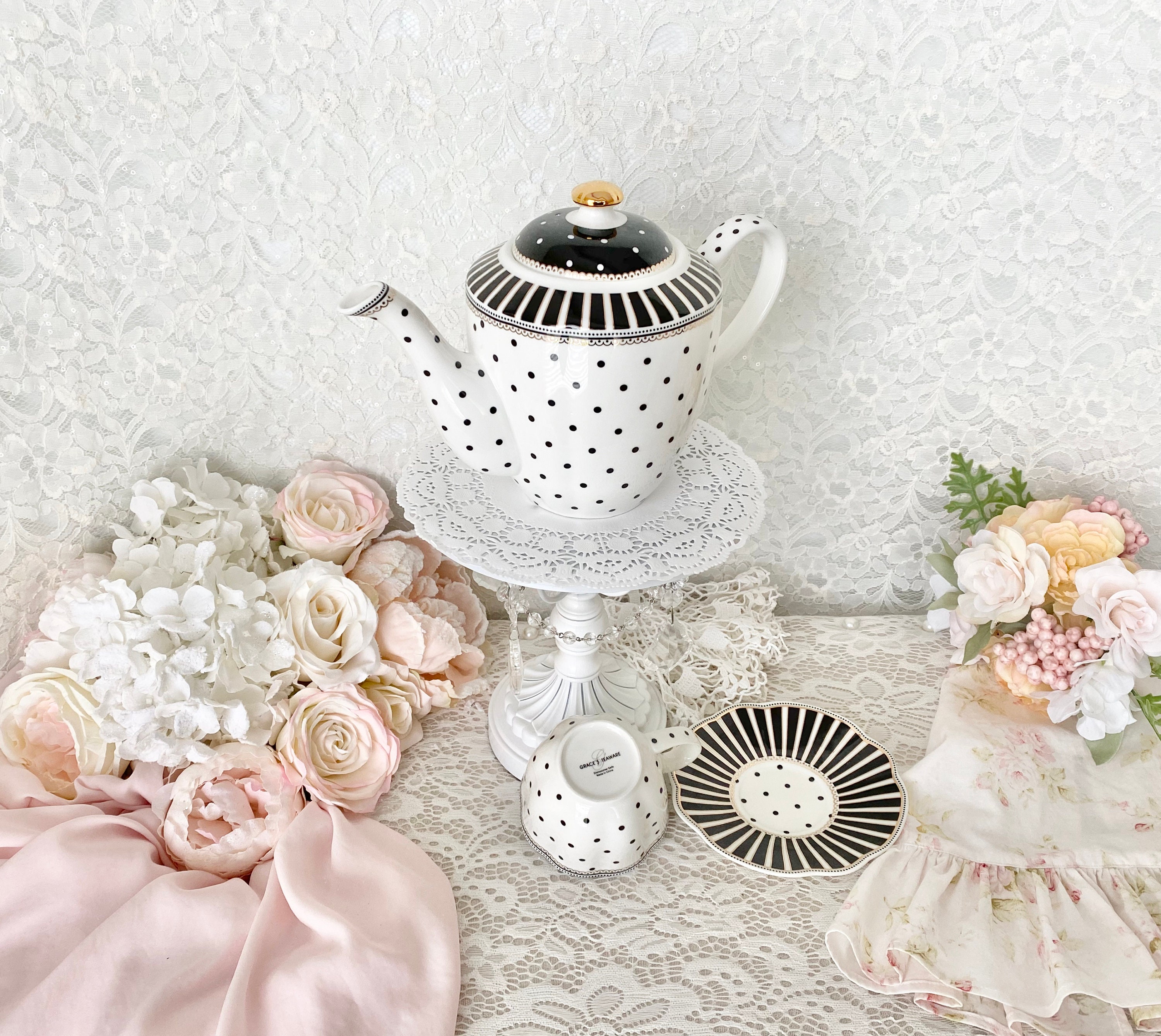 Teapots and Saucers Black Polka Dot Teapot and Saucer Black | Etsy