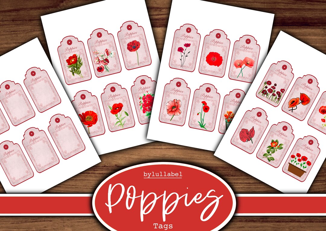 Vintage Poppy Inspired Tags, Red Junk Journal Ephemera, Botanical Laces ...