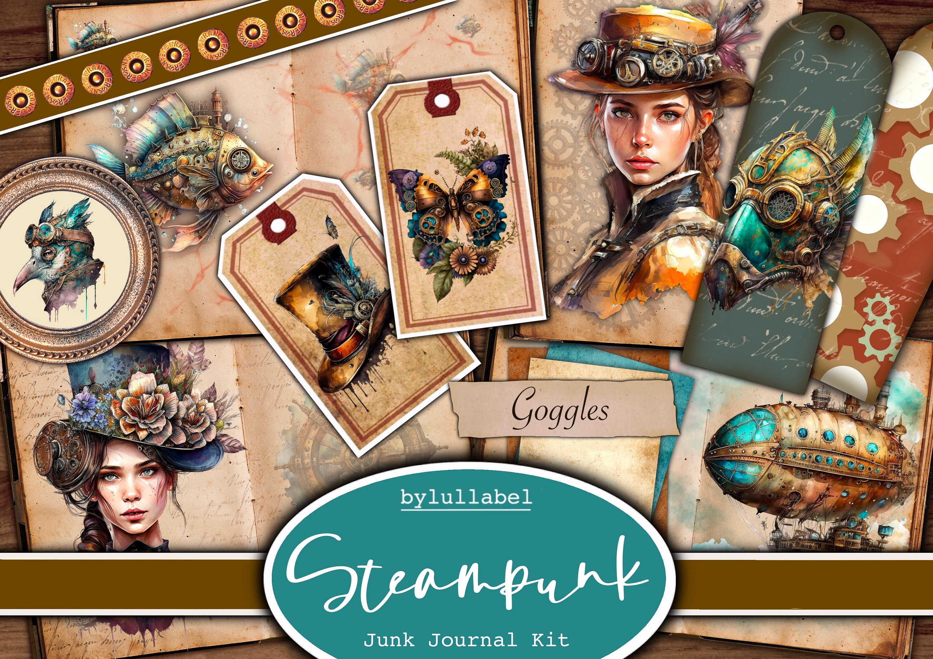 Steampunk Junk Journal Kit: Printable Ephemera, Tags, Labels (digital ...