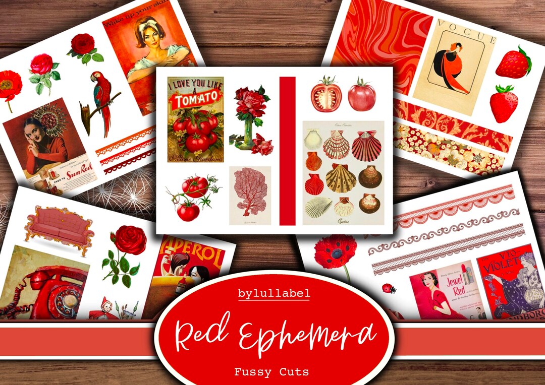 Digital Ephemera Pack, Red Printable Fussy Cuts, Junk Journal Add Ins ...