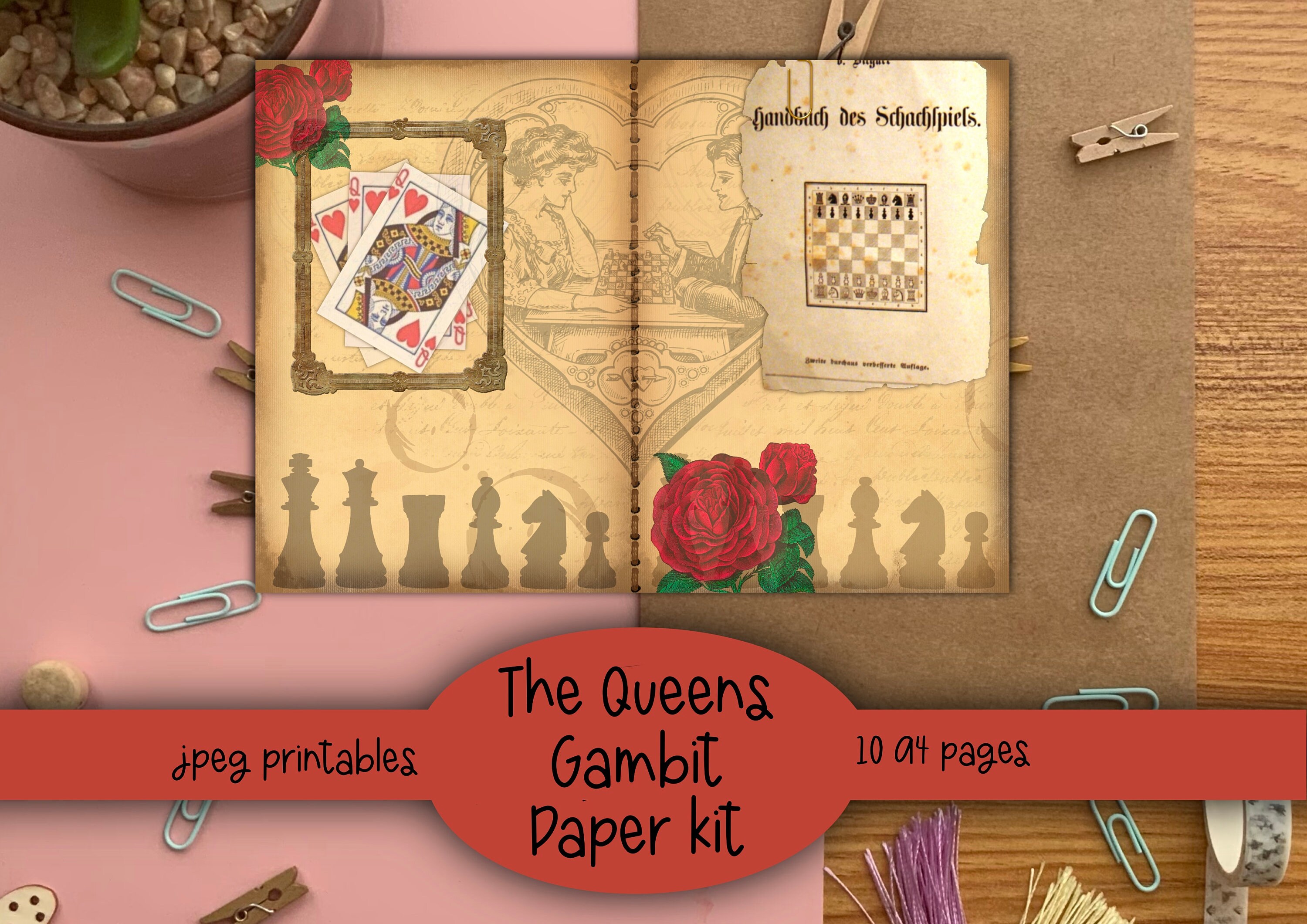 Queens Gambit printables paper kit pages chess junk | Etsy
