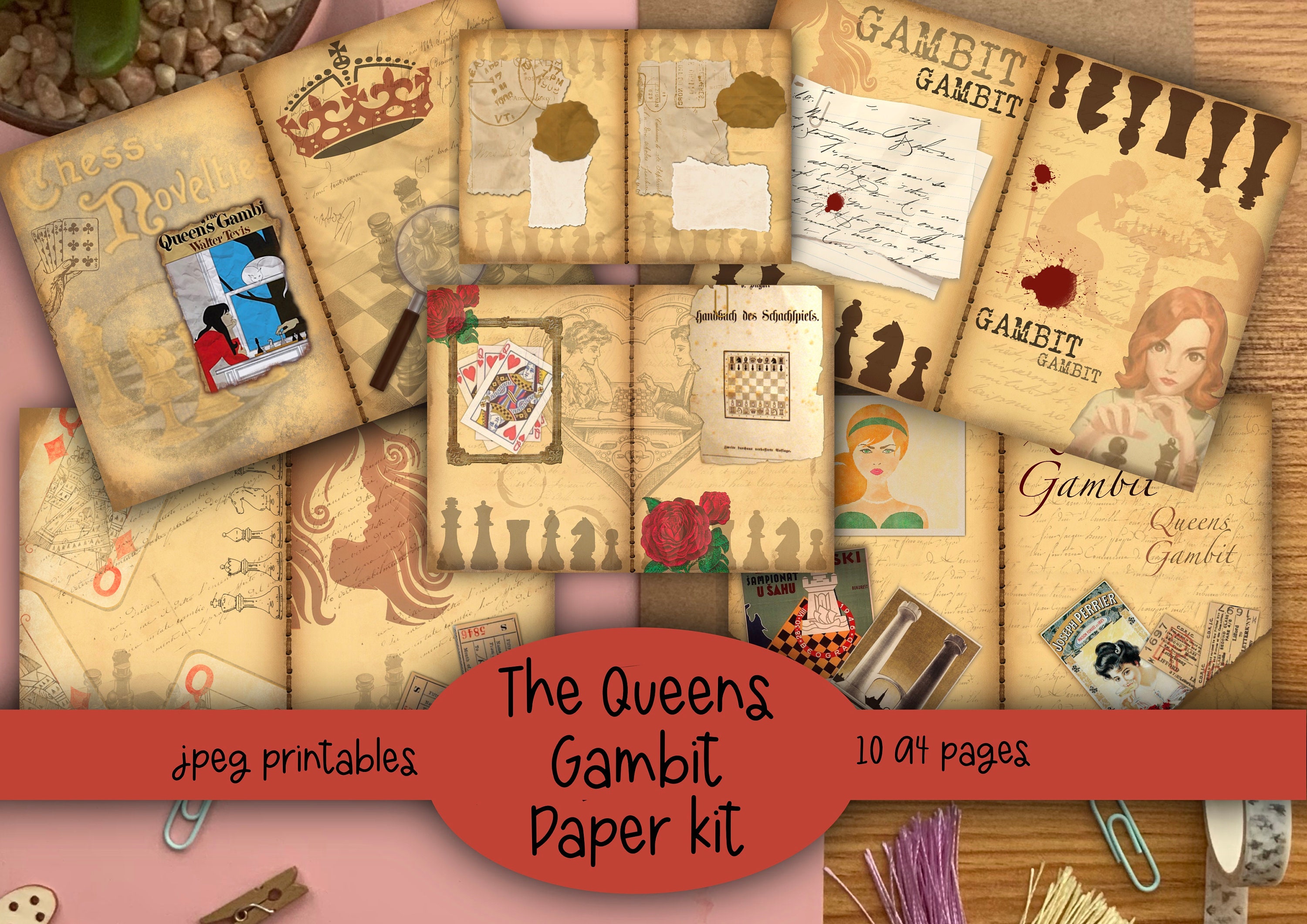 Queens Gambit printables paper kit pages chess junk | Etsy