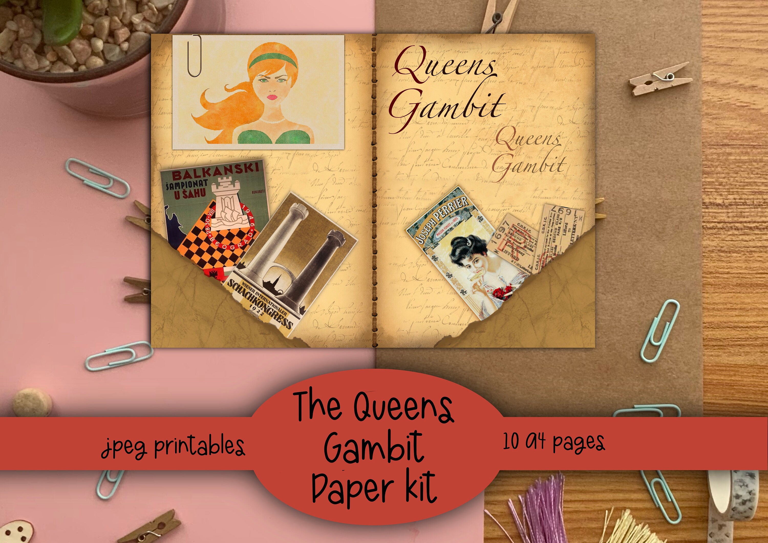 Queens Gambit printables paper kit pages chess junk | Etsy