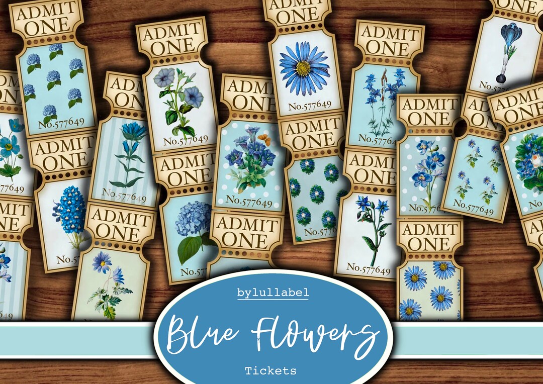 Vintage Blue Flower Tickets,digital Junk Journal Ephemera, Summer ...