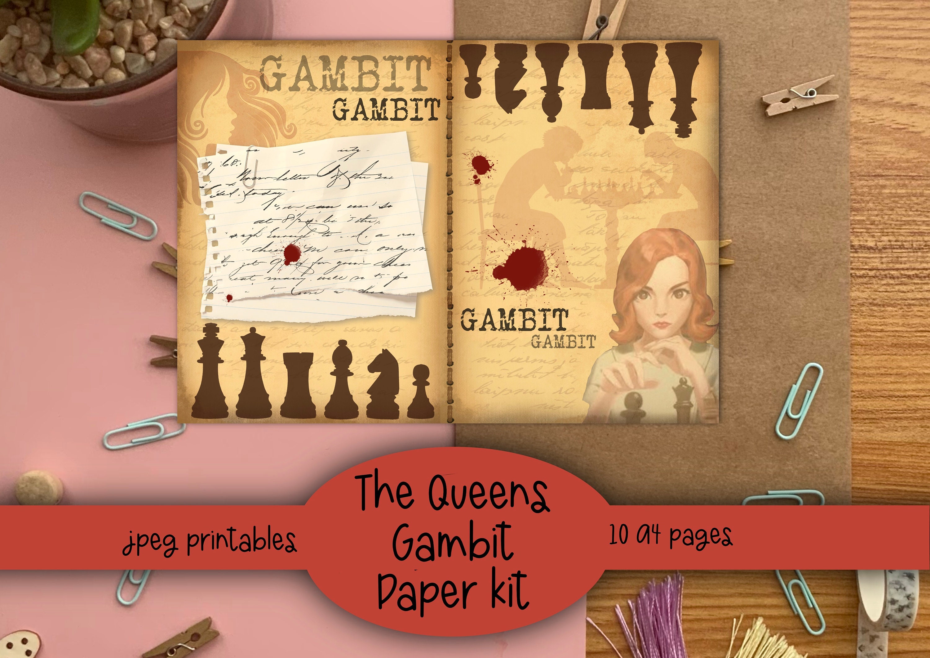 Queens Gambit printables paper kit pages chess junk | Etsy