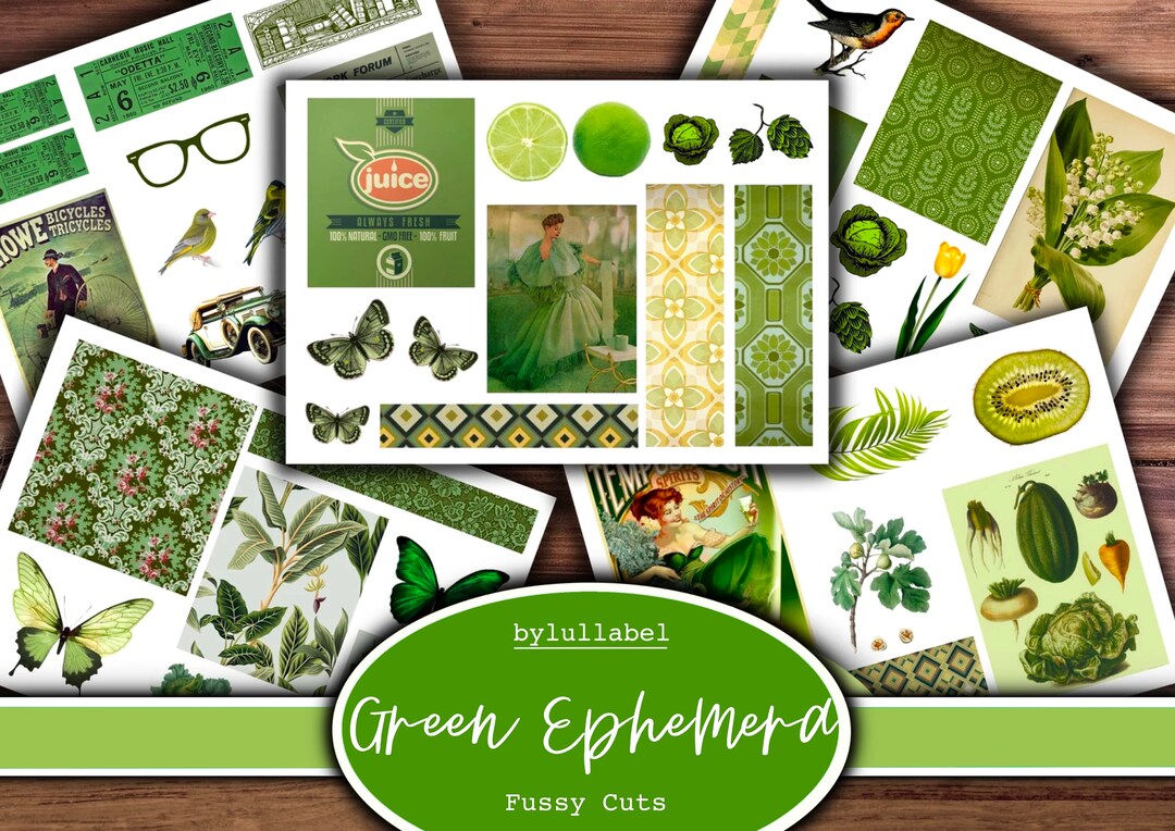 Digital Ephemera Pack, Green Printable Fussy Cuts, Junk Journal Add Ins ...