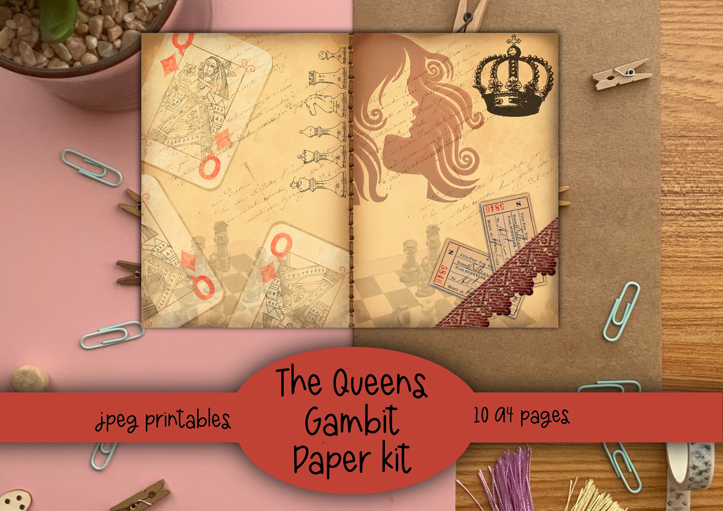 Queens Gambit printables paper kit pages chess junk | Etsy