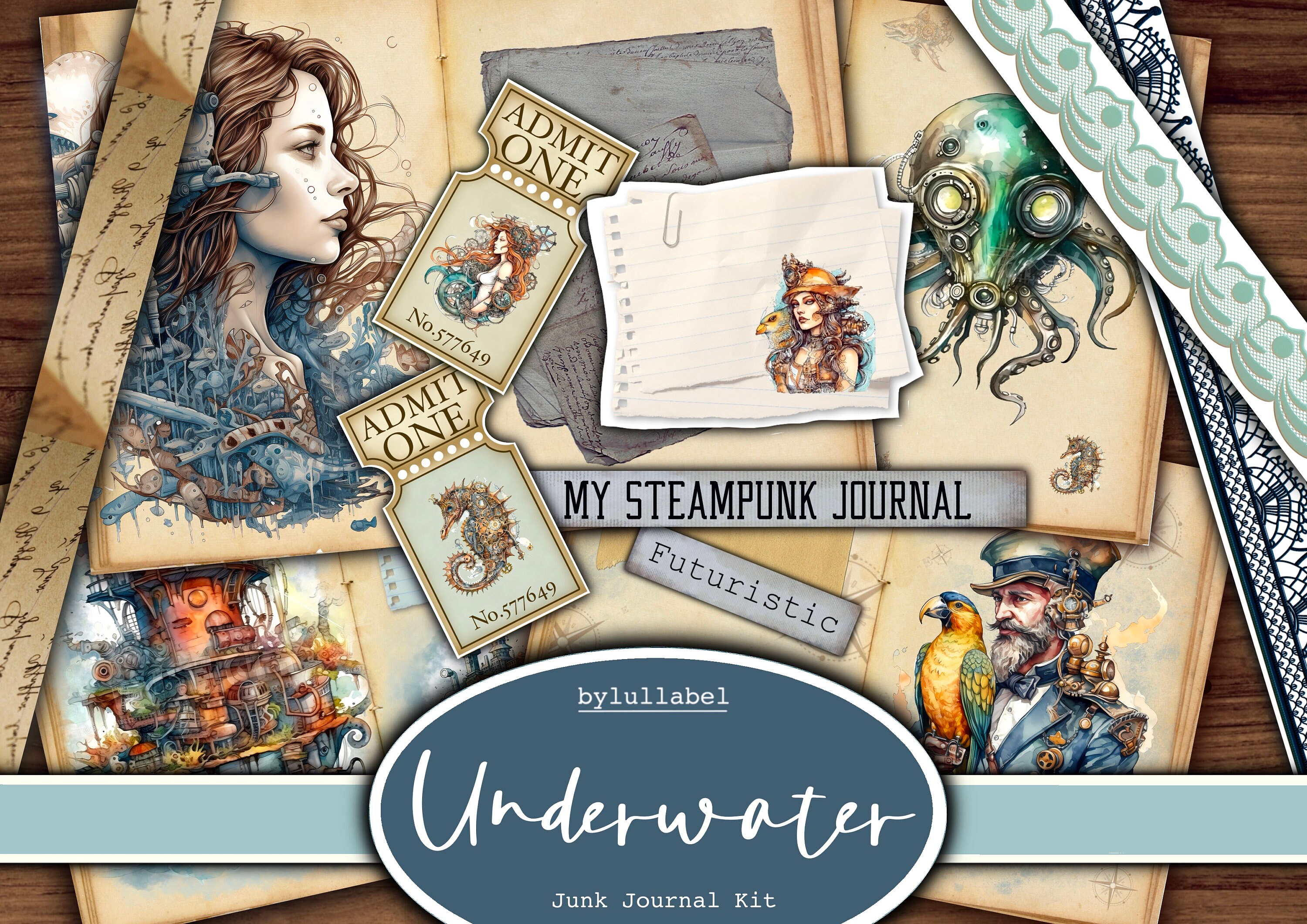 Underwater Steampunk Junk Journal Kit: Ephemera, Tags, Labels (digital ...