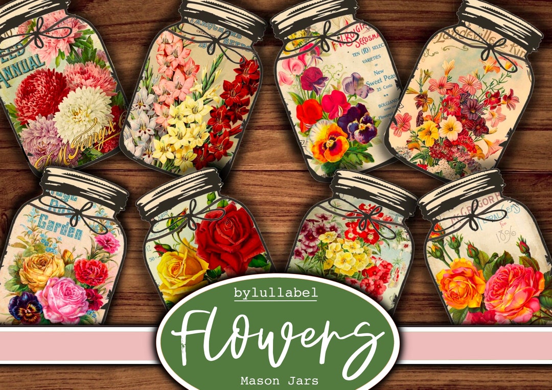 Vintage Flowers Mason Jars,fussy Cuts,ephemera,printable, Downloads. 10 ...