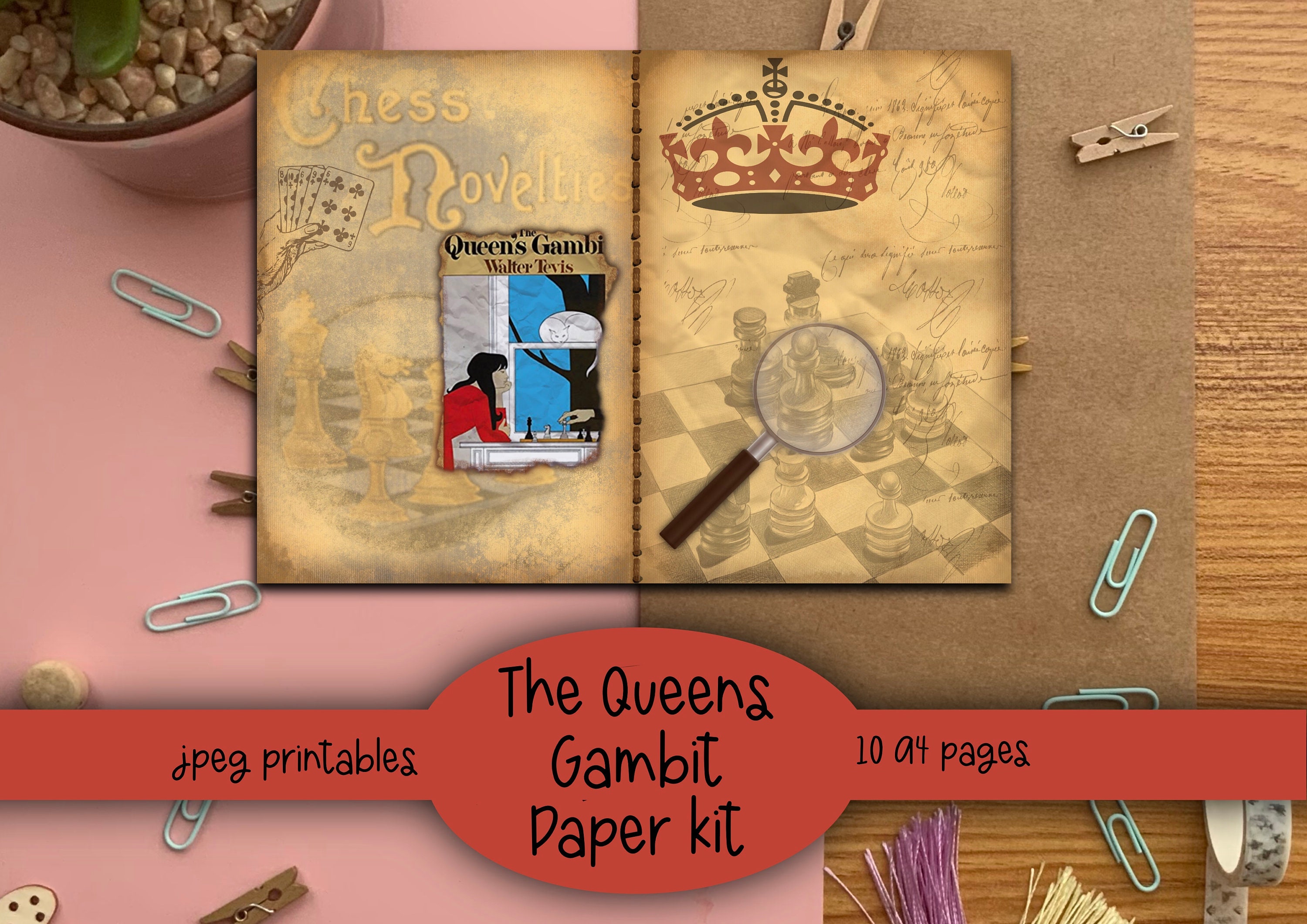 Queens Gambit printables paper kit pages chess junk | Etsy