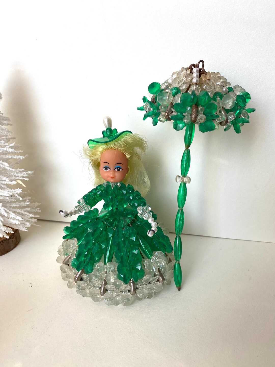 Vintage Safety Pin Doll Beaded Doll W Parasol Green And White Etsy