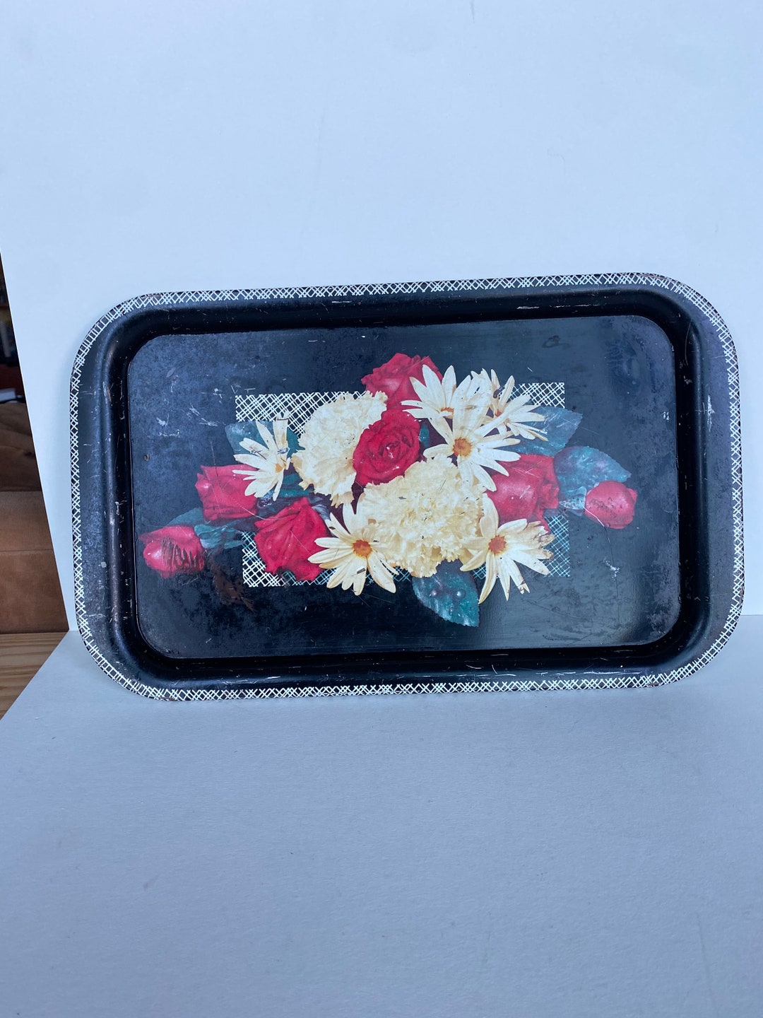 Vintage Tole Tray Black Flowers Detail Edge - Etsy