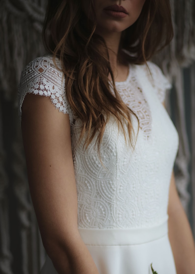 Bohemian Lace Macrame Wedding Dress: Modest Open Back, Short Sleeve ...