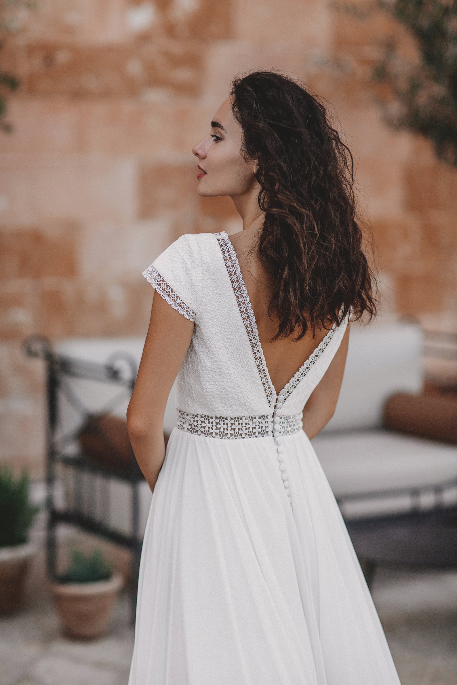 Bespoke Boho Open Back Wedding Dress: V-neck Chiffon Gown the Earth - Etsy