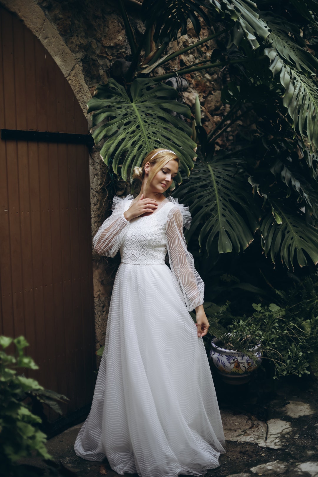 Simple Boho Wedding Dress, Long Airy Sleeve, White Macrame, Modest ...