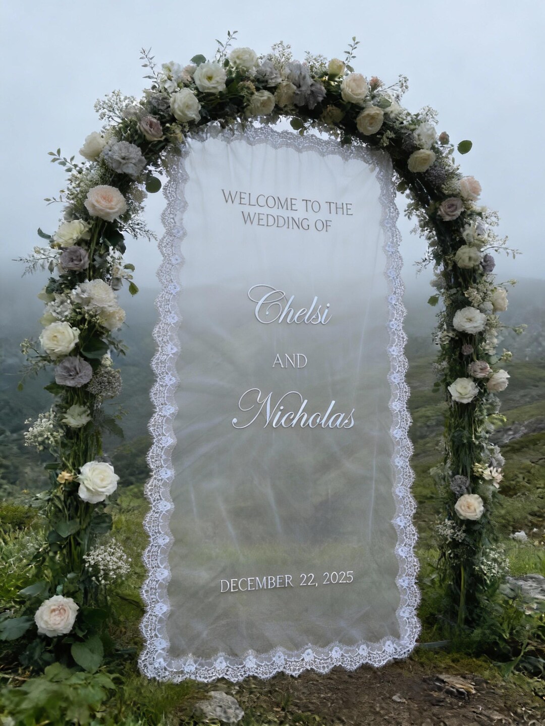 Personalized Embroidered Wedding Welcome Sign: Ceremony Backdrop Tulle ...