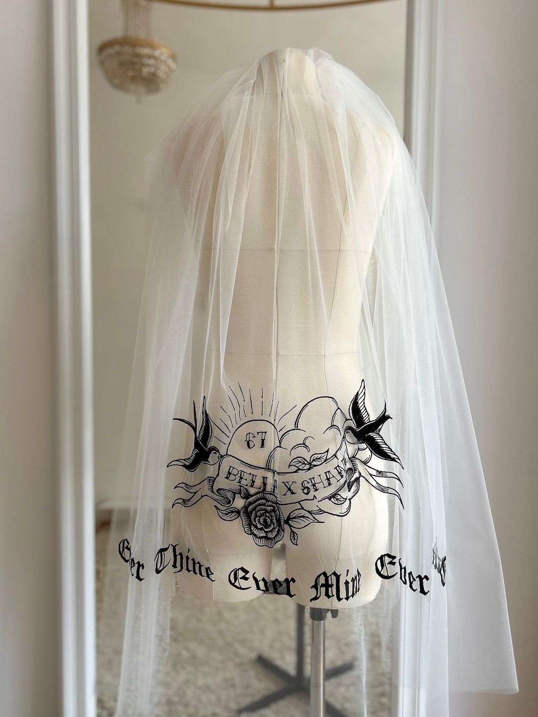 Monogram Wedding Veil: Embroidered Phrases, Text, Dates, Tattoos ...