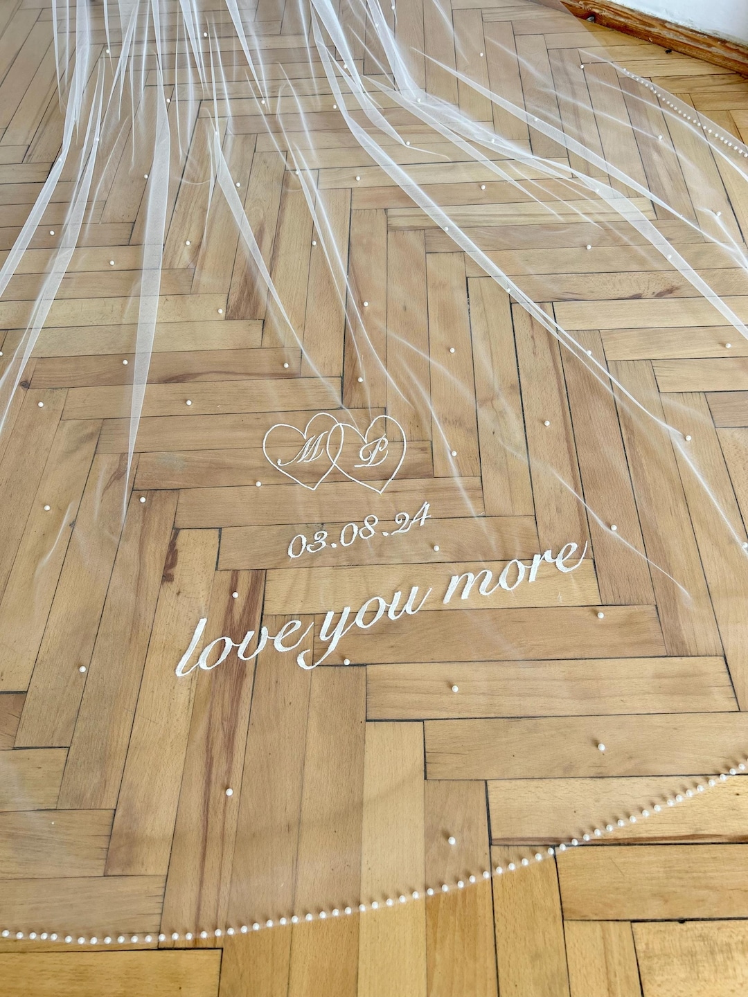 Bespoke Monogram Wedding Veil With Scattered Pearls and Pearls Edging ...