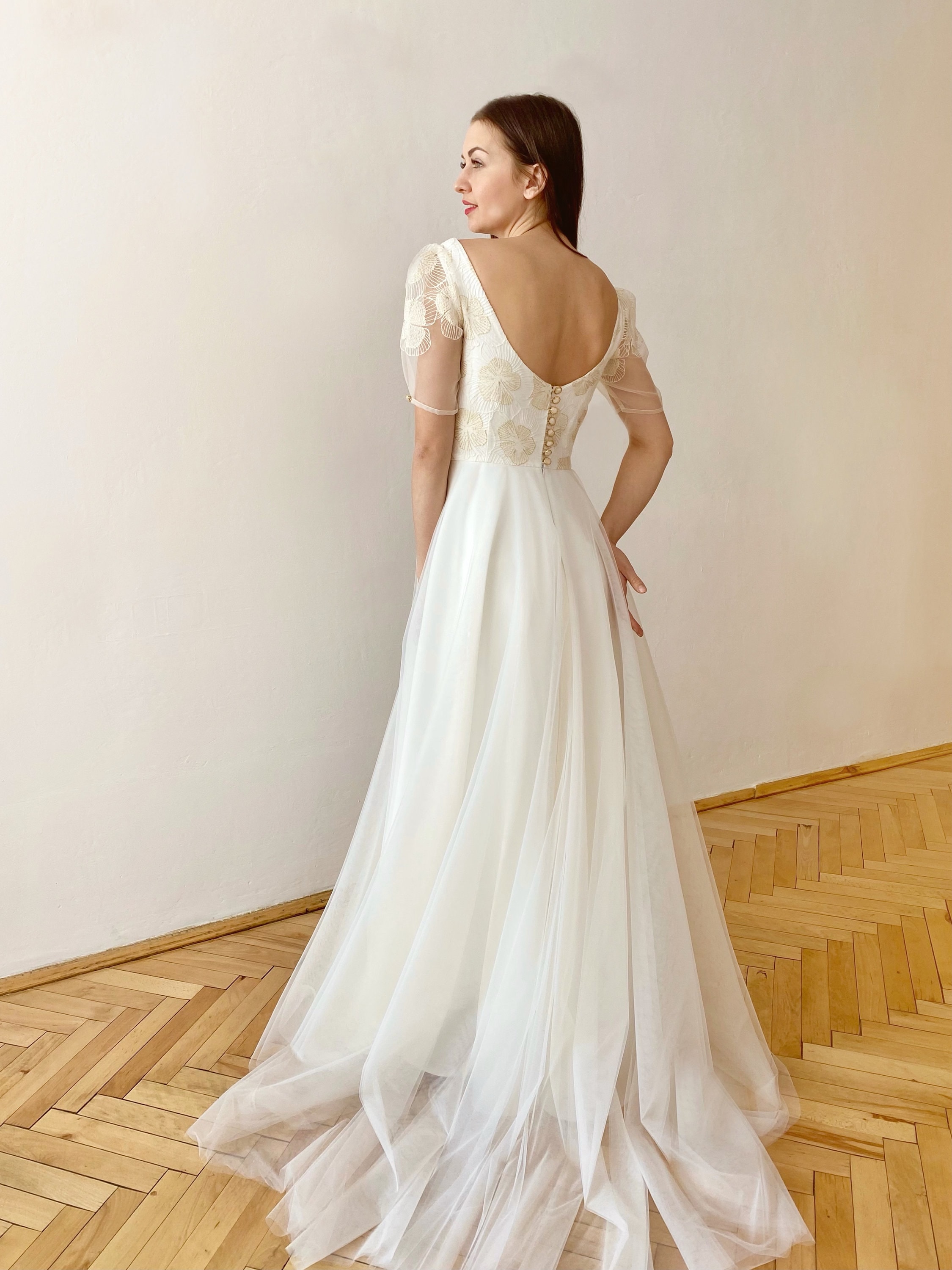 Romantic Lace Wedding Dress: Open Back, Ethereal Sleeves, Tulle Skirt ...