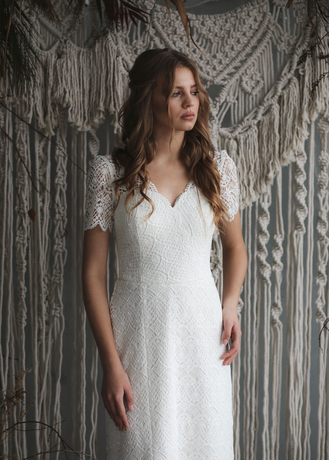 Rustic Macrame Wedding Dress, Lace Open Back and V-neck, Casual Cap ...