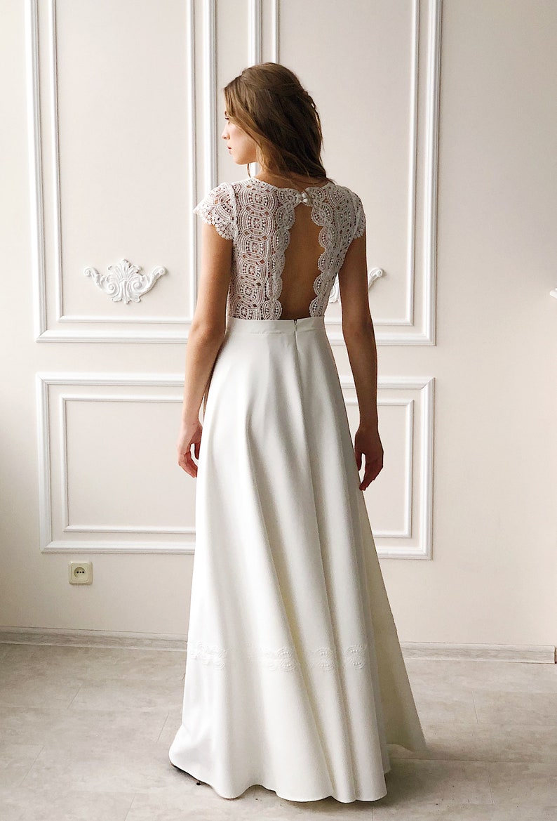 Bohemian Lace Macrame Wedding Dress: Modest Open Back, Short Sleeve ...
