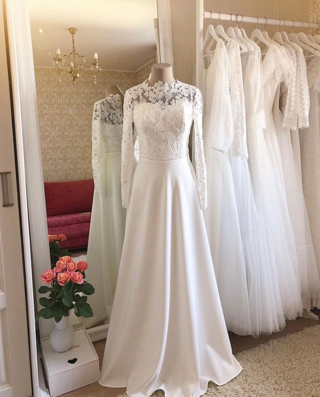 Simple Modest Wedding Dress With Long Sleeve, Romantic Macrame ...