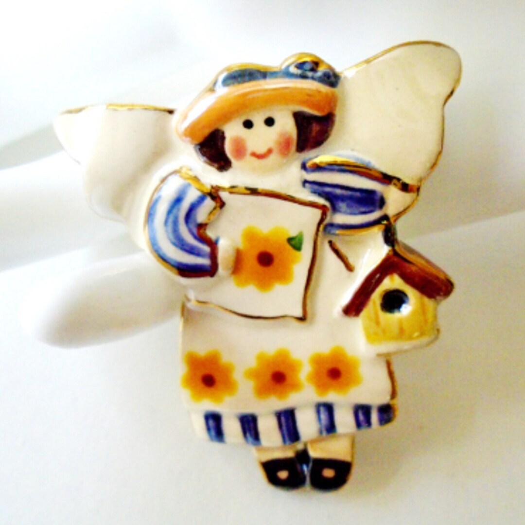 Vintage Handmade Earth Angel Brooch, Ceramic Earth Angel Hand Painted ...