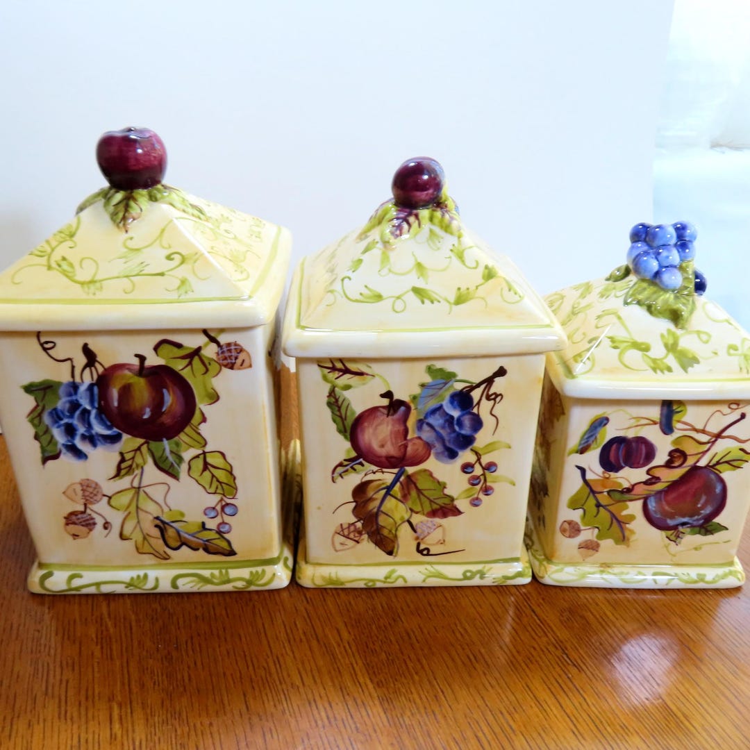 Capriware Hand Painted Glazed Ceramic Canisters, Set of 3 Beautiful Storage Kitchen Canisters ...