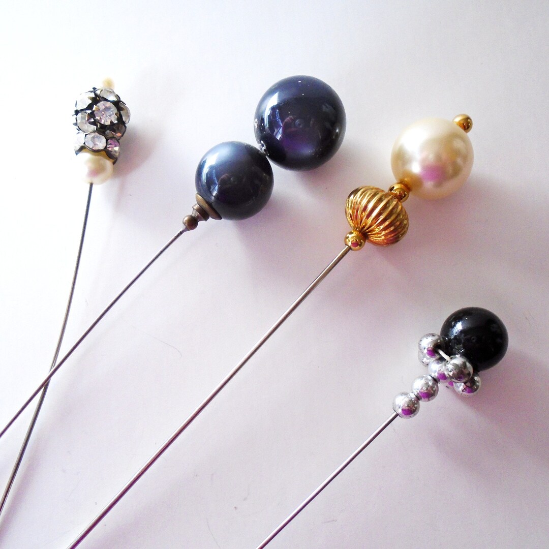 Vintage Hat Pin Set of Four, Rhinestone Hat Pin, Ladies 40's Black Hat ...