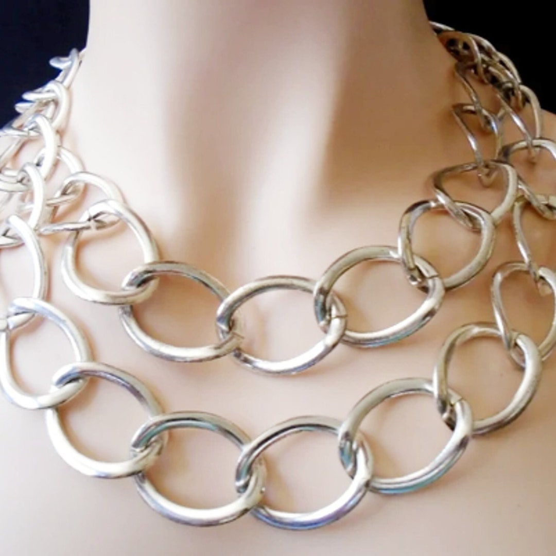 CROWN TRIFARI Big Silver Chain 2 Strand Necklace, Vintage Shiny Silver ...