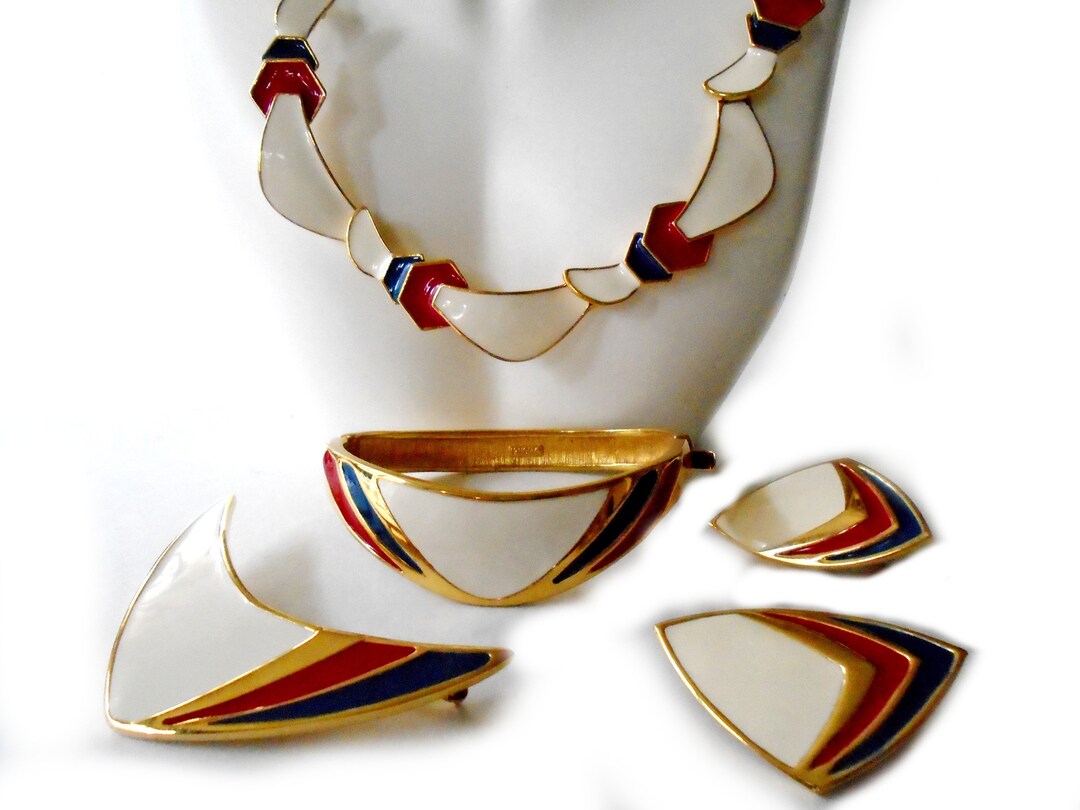 Monet Enamel Red White and Blue Bracelet Earrings Brooch and - Etsy