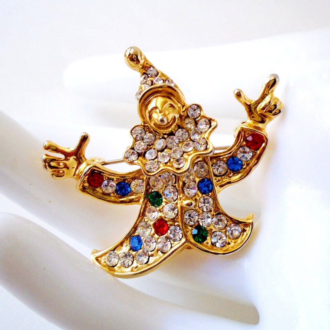 AD Signed Clown Pin, Vintage Gold Clown Pin, Rainbow Rhinestone Gold ...