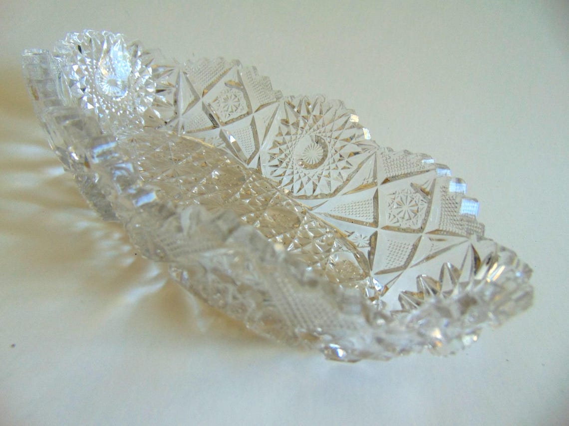 Cut Crystal Oval Relish Dish, Diamond Cross Cut Crystal Dish, Vintage ...