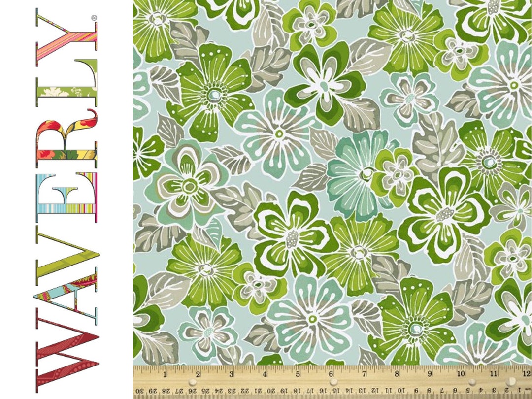 8 YDS Waverly Cotton 44" Lime Blue Floral Apparel Fabric NEW 8 Yard ...