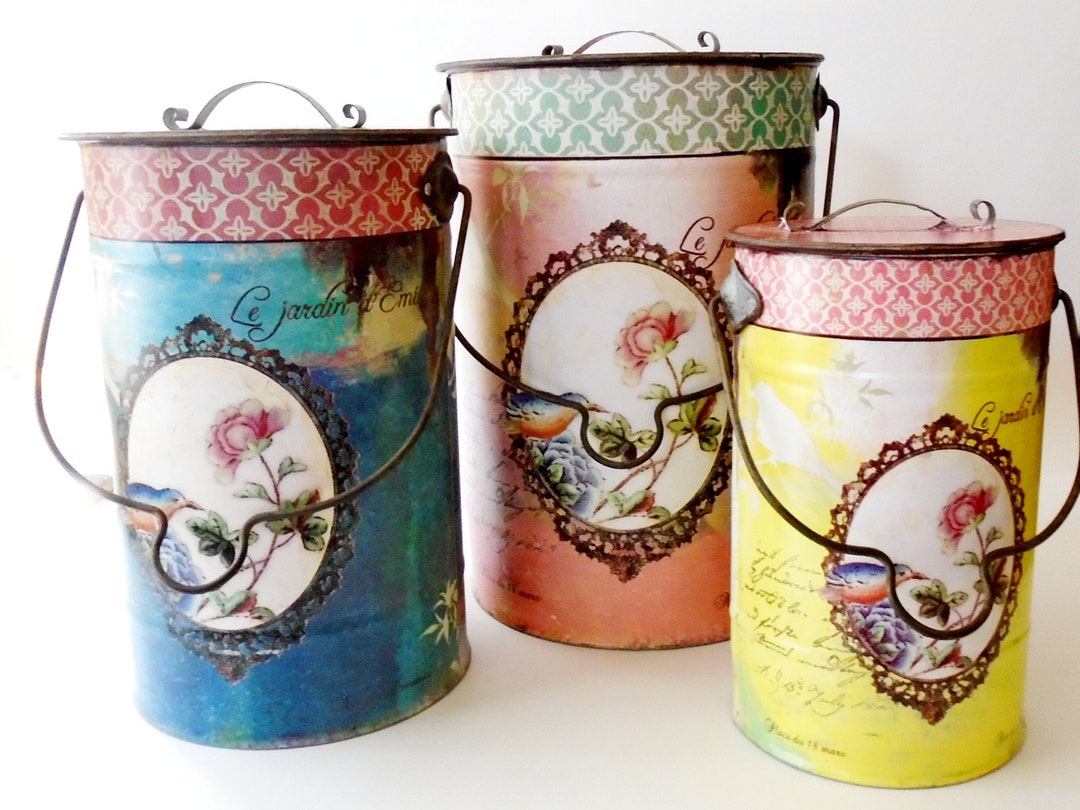 French Country Large Tin Handle Canisters, Decorative Vintage Boho Chic ...