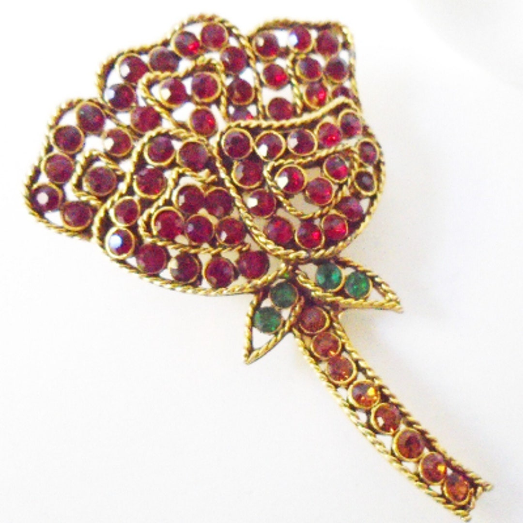 WEISS Red Rose Rhinestone Brooch, Rhinestone Rose Flower Pin, Weiss ...