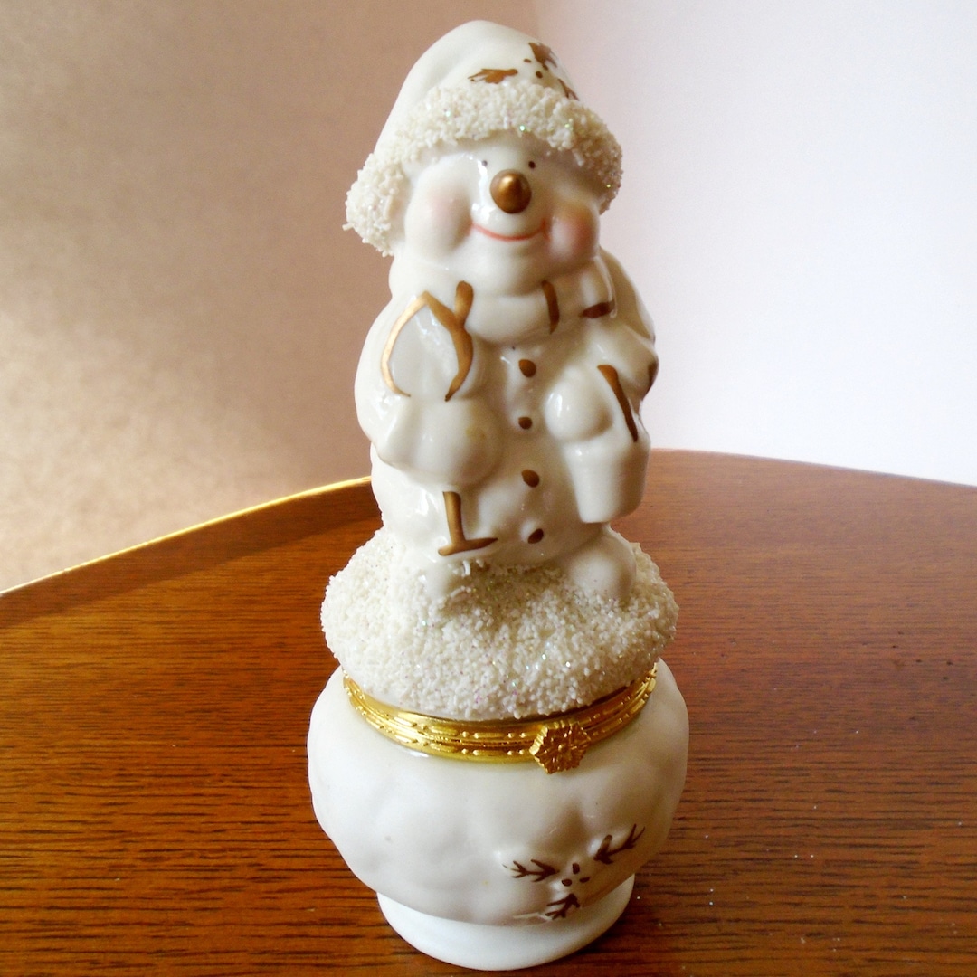 Ceramic Snowman Figure Hinged Box, White Glitter Snowman Trinket Box ...