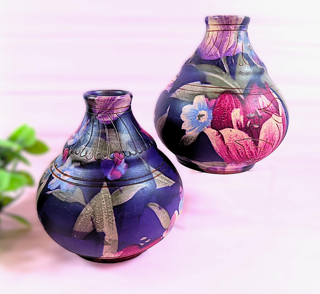 2 Vintage Vases, Moorcroft Style Set of Stoneware Floral 5" Vase ...