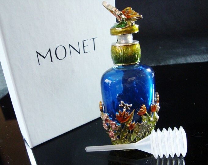 Monet Enamel Flower Blue Glass Perfume Bottle, Vintage Butterfly ...