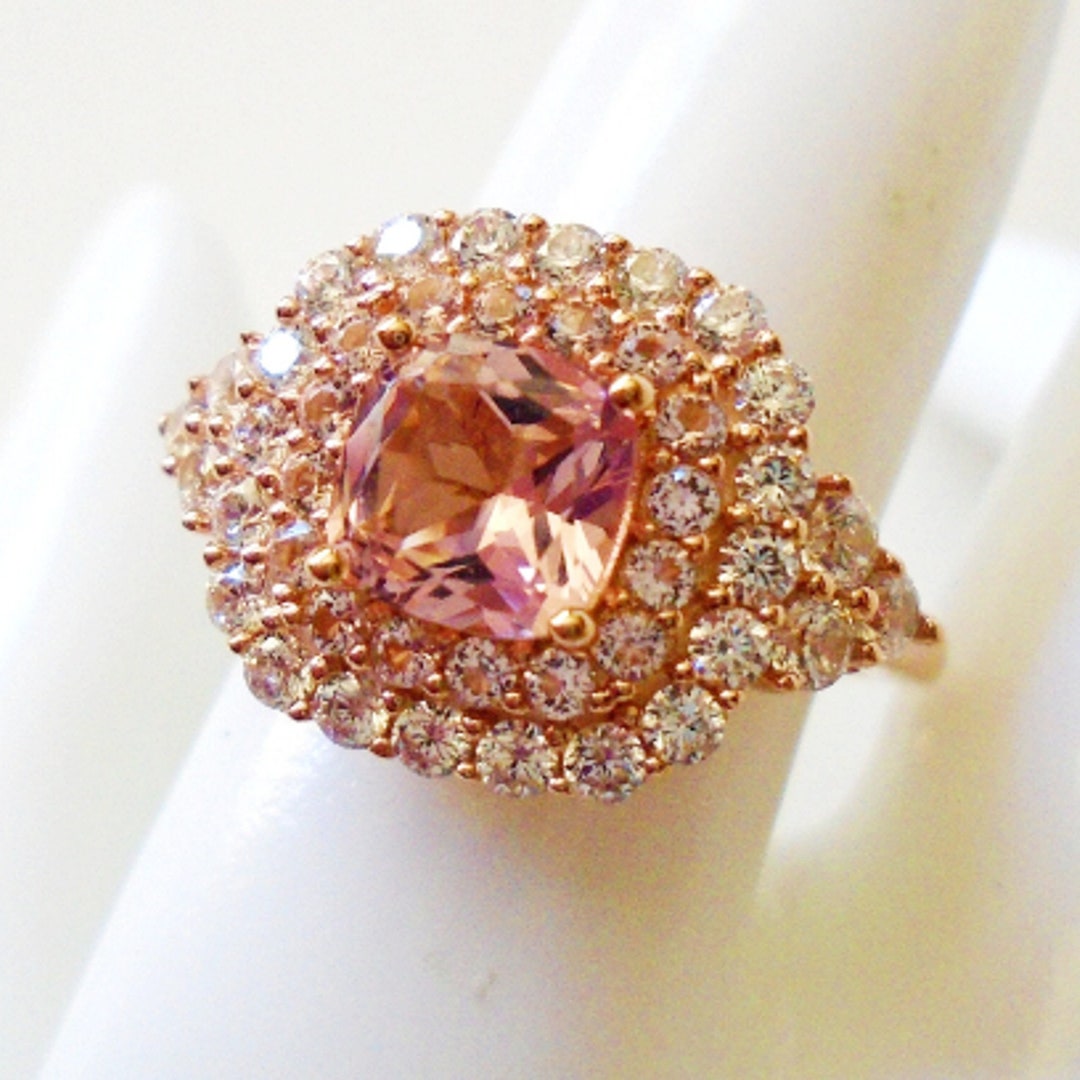 Sparkling Pink CZ Rose Gold Plate 925 Ring, Square Pink Center Dome ...