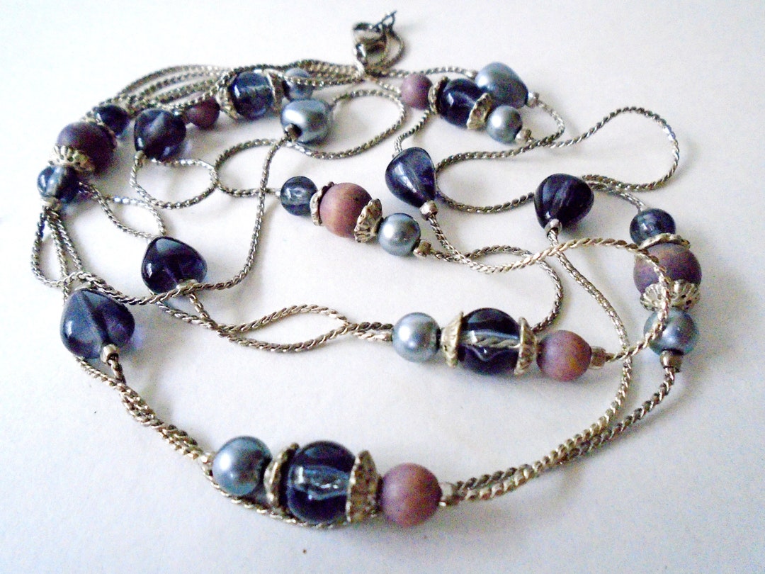 Vintage Double Silver Chain Station Necklace, Silver Chain Bead Station ...