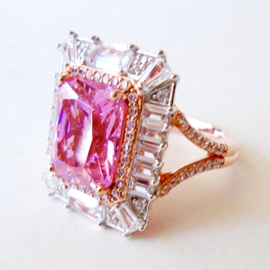 Pink Emerald Cut CZ Plated 925 Silver Ring, Pink Center 925 Rose GP ...