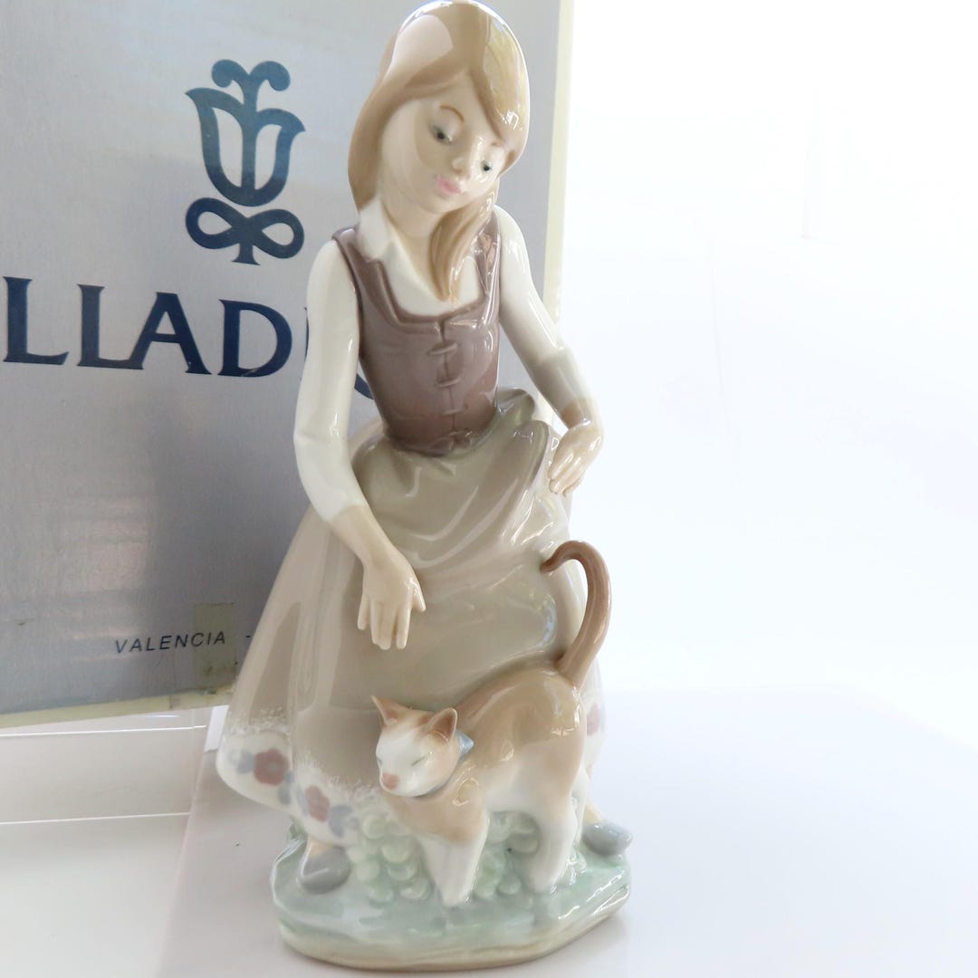 LLADRÓ Girl and Cat With Box, No. 1187, Darling Girl Admiring Sweet ...