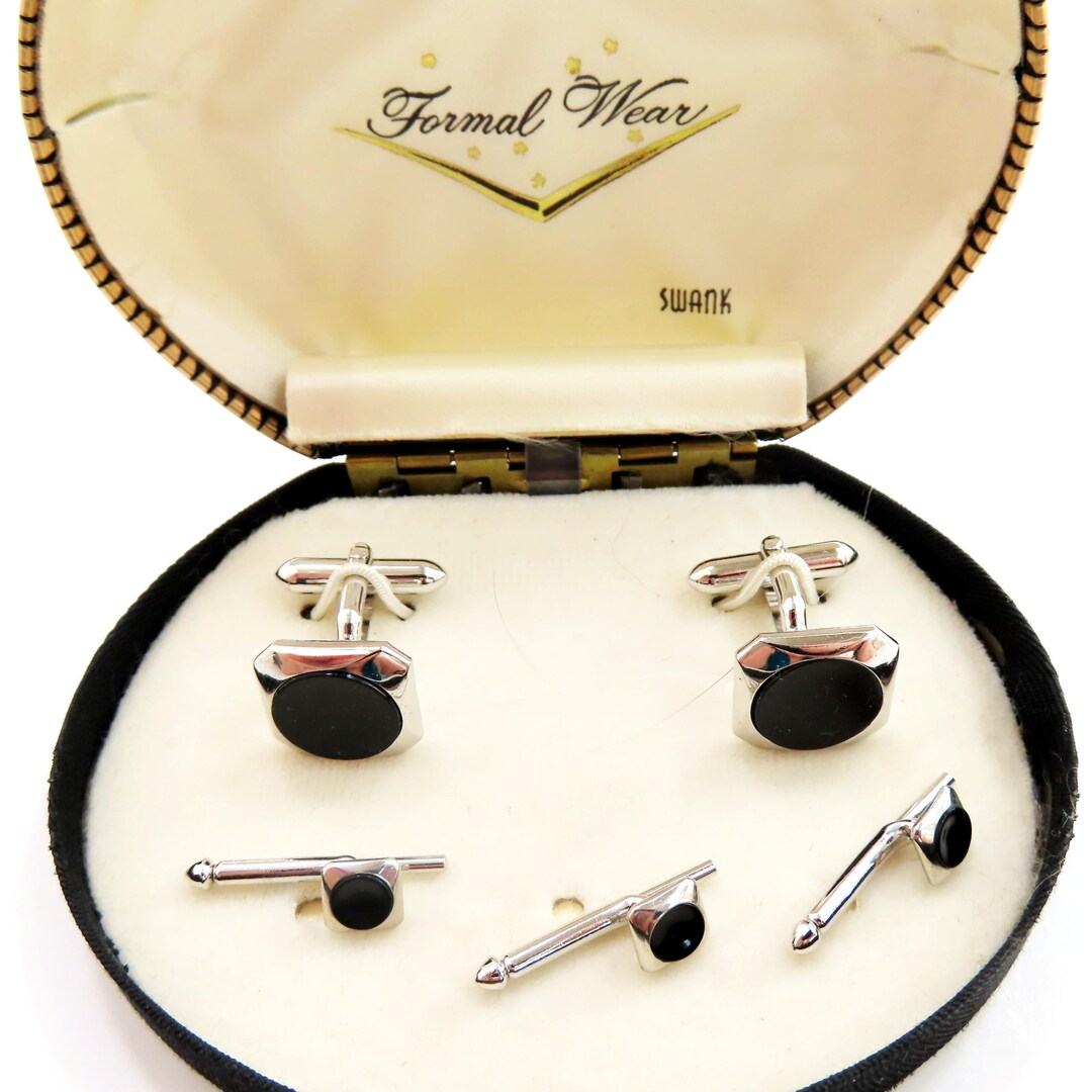 SWANK Formal Black and Silver Tone Cuff Links + Buttons Original Box ...