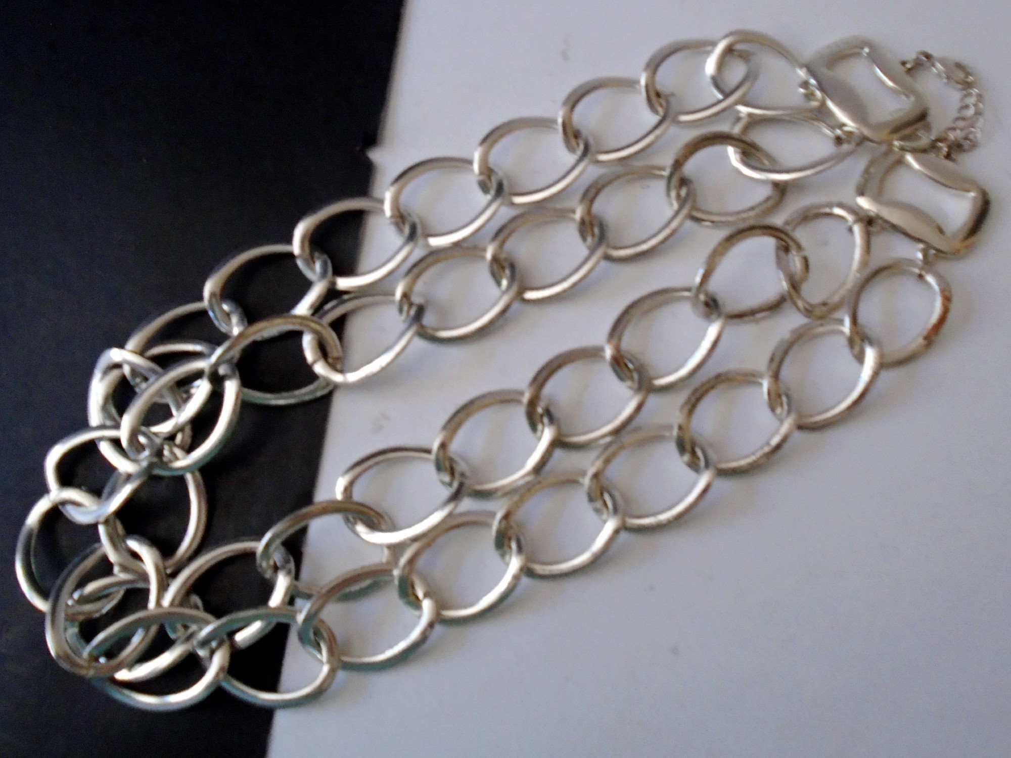 CROWN TRIFARI Big Silver Chain 2 Strand Necklace, Vintage Shiny Silver ...
