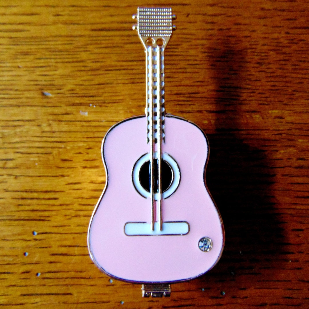 Vintage Enamel Pink Guitar Trinket Box, Pink Jeweled Guitar Hinged Box ...
