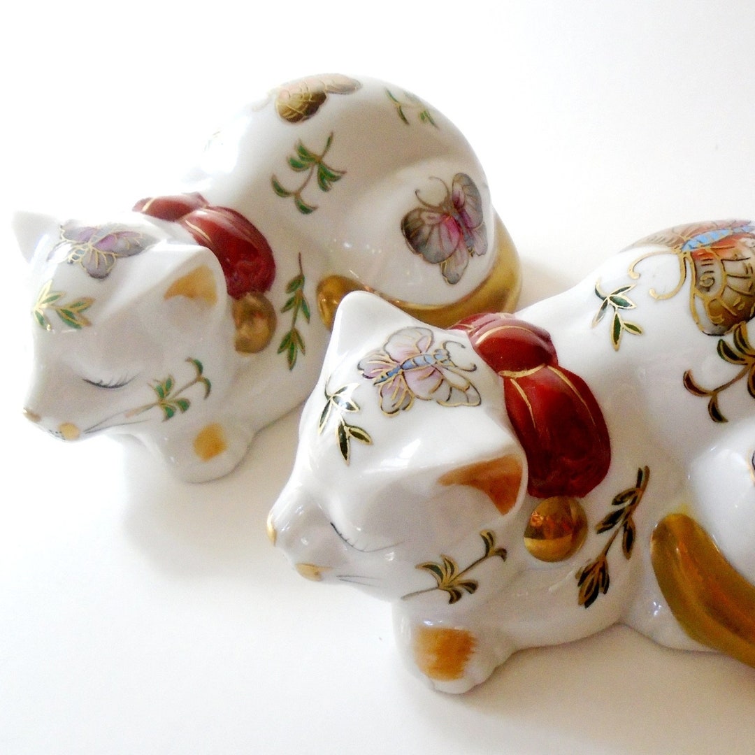 ANDREA by SADEK Large Sleeping Cats, Two Porcelain Butterfly Cat ...