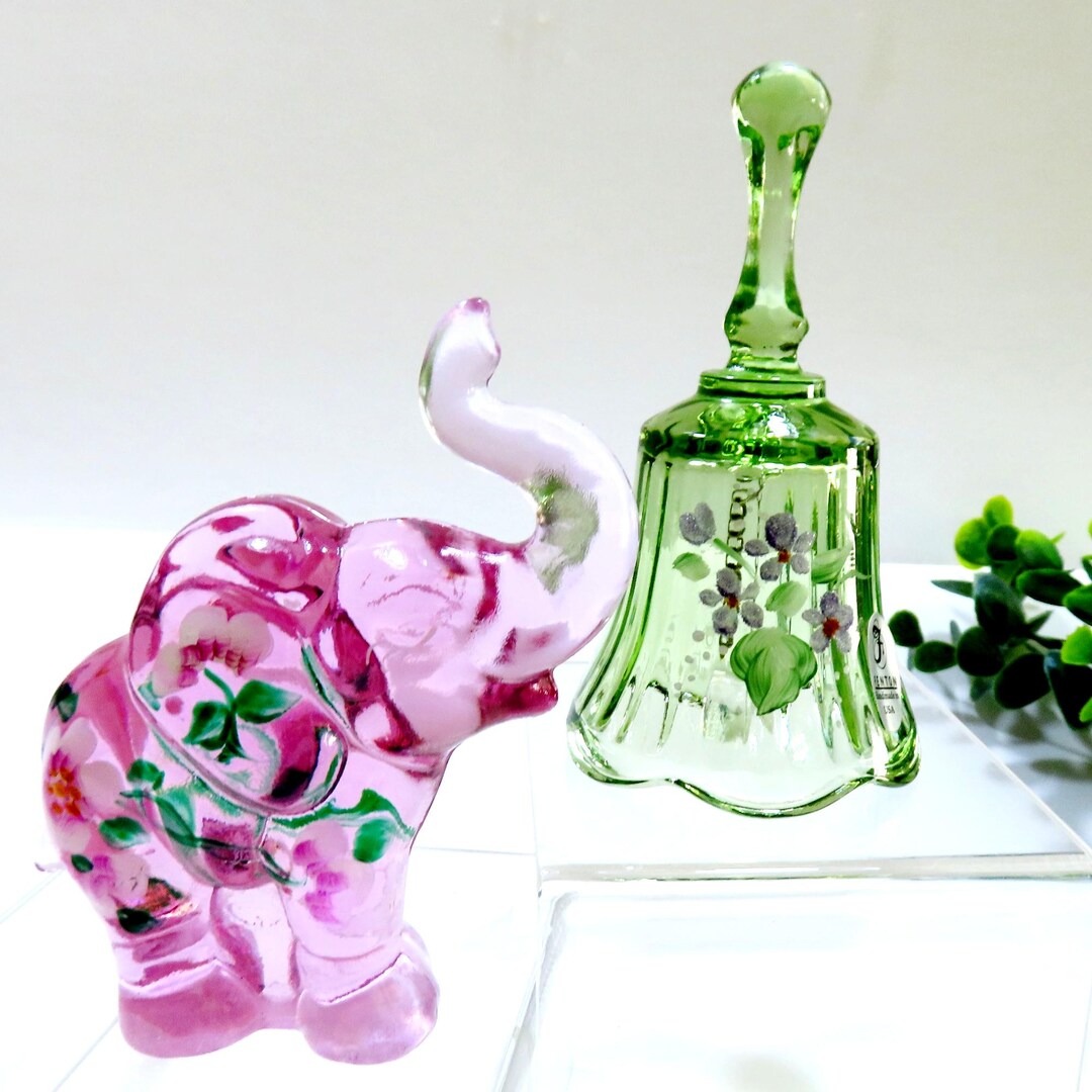 FENTON LENOX Elephant & Bell 2 Beautiful Handpainted Opalescent ...